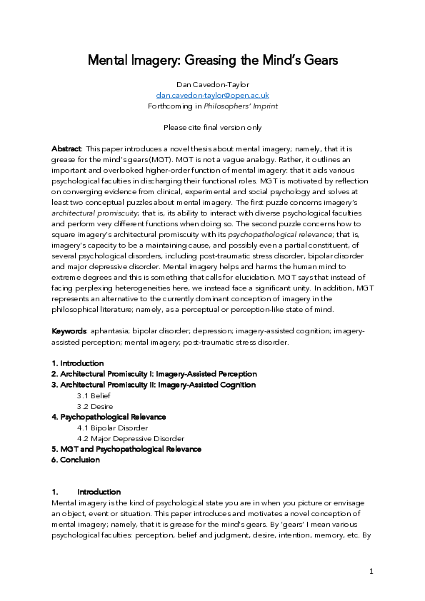 (PDF) Mental Imagery: Greasing the Mind's Gears