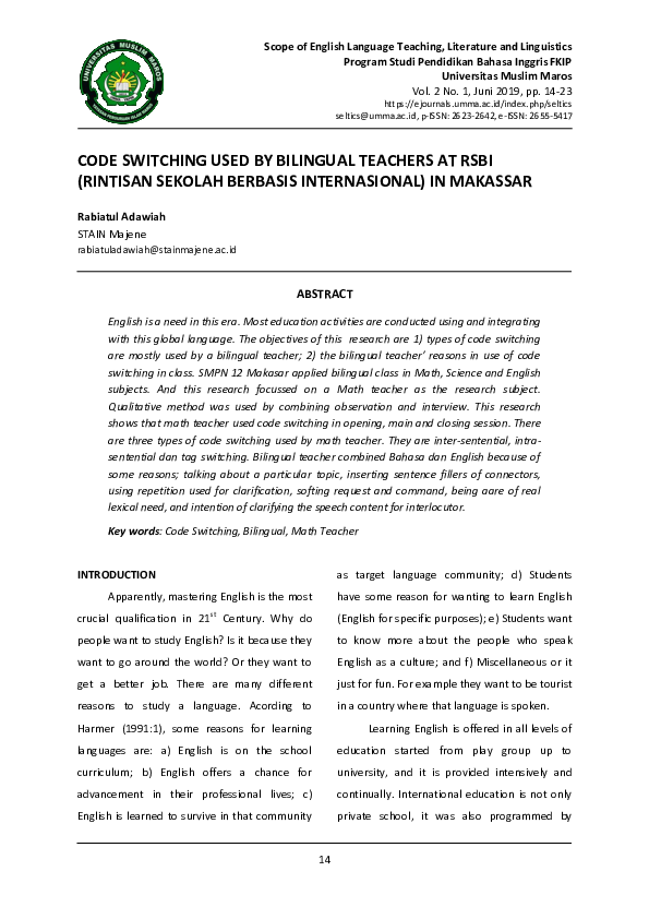 (PDF) Code Switching Used by Bilingual Teachers at Rsbi (Rintisan Sekolah Berbasis Internasional ...