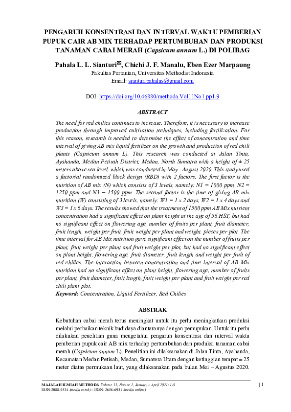(PDF) PENGARUH KONSENTRASI DAN INTERVAL WAKTU PEMBERIAN PUPUK CAIR AB MIX TERHADAP PERTUMBUHAN ...