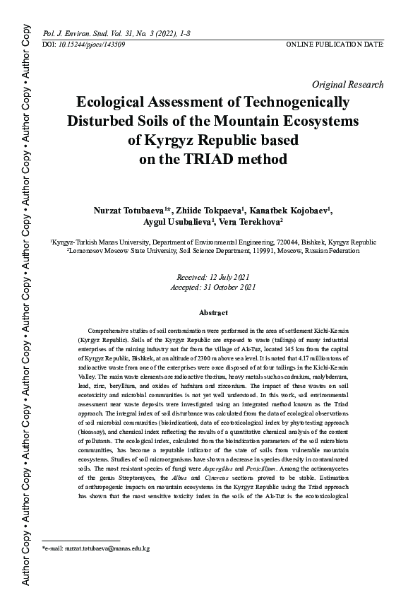 (PDF) Ecological Assessment of Technogenically Disturbed Soils of the Mountain Ecosystems of ...