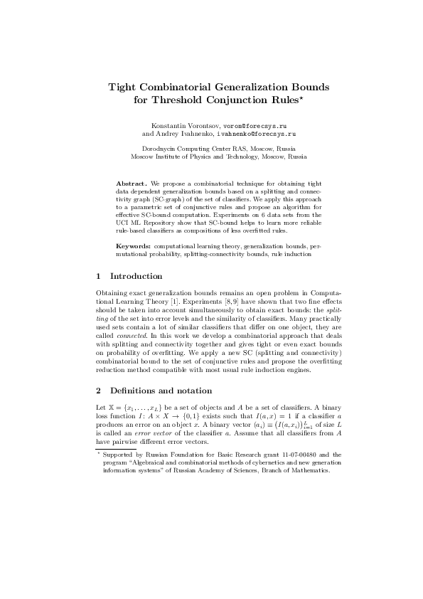 Tight Combinatorial Generalization Bounds for Threshold Conjunction Rules