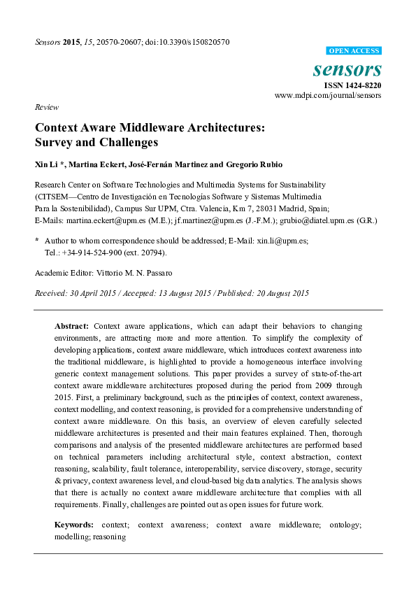 (PDF) Context Aware Middleware Architectures: Survey and Challenges