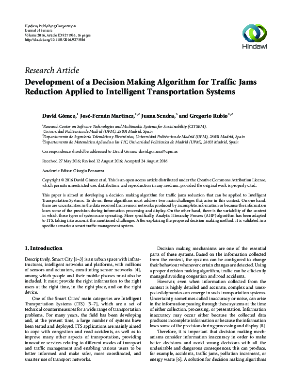 Pdf Development Of A Decision Making Algorithm For Traffic Jams