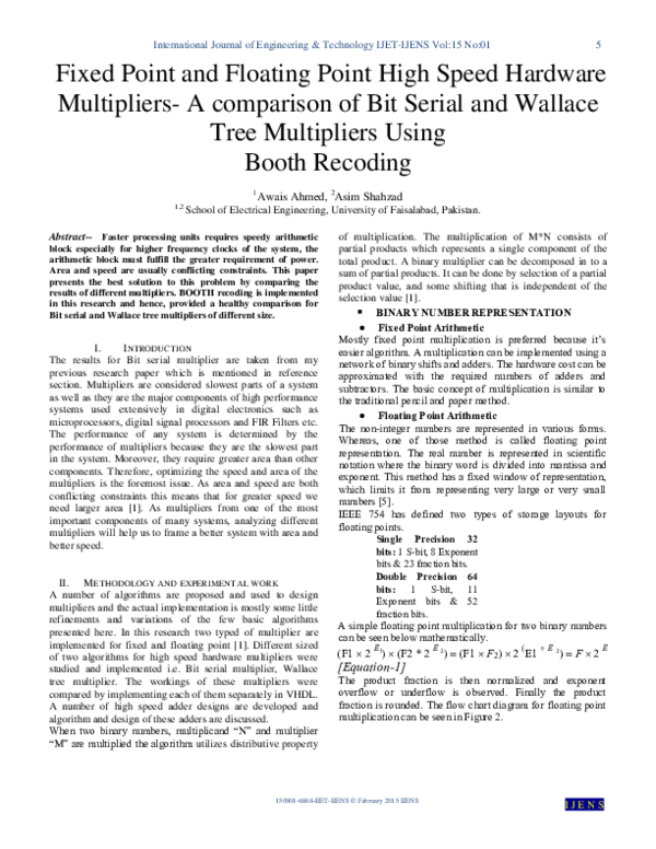 (PDF) Fixed Point and Floating Point High Speed Hardware Multipliers-A comparison of Bit Serial ...