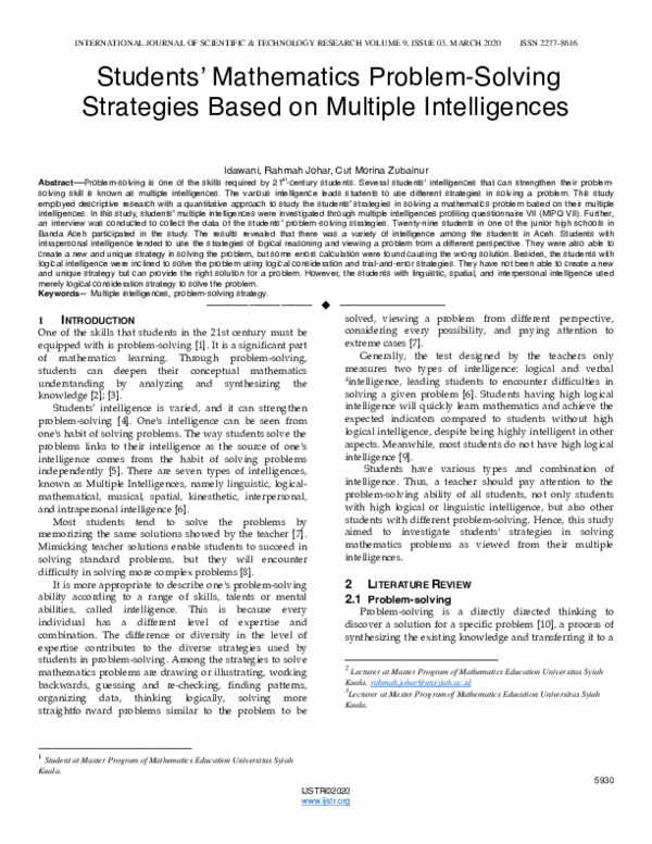 (PDF) Students’ Mathematics Problem-Solving Strategies Based on Multiple Intelligences