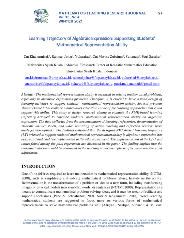 (PDF) Learning Trajectory of Algebraic Expression: Supporting Students ...