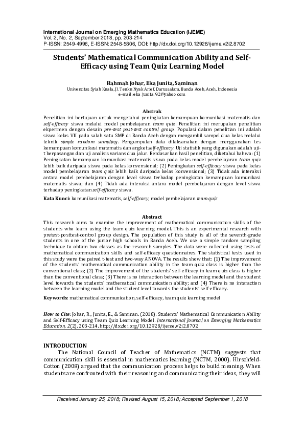 (PDF) Students’ Mathematical Communication Ability and Self-Efficacy Using Team Quiz Learning Model