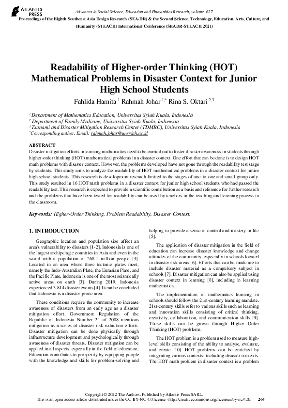 (PDF) Readability of Higher-order Thinking (HOT) Mathematical Problems in Disaster Context for ...