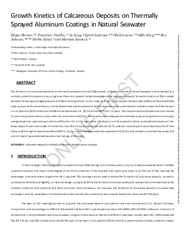 (PDF) Growth Kinetics of Calcareous Deposits on Thermally Sprayed ...