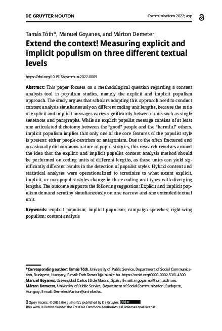 Pdf Extend The Context Measuring Explicit And Implicit Populism On Three Different Textual