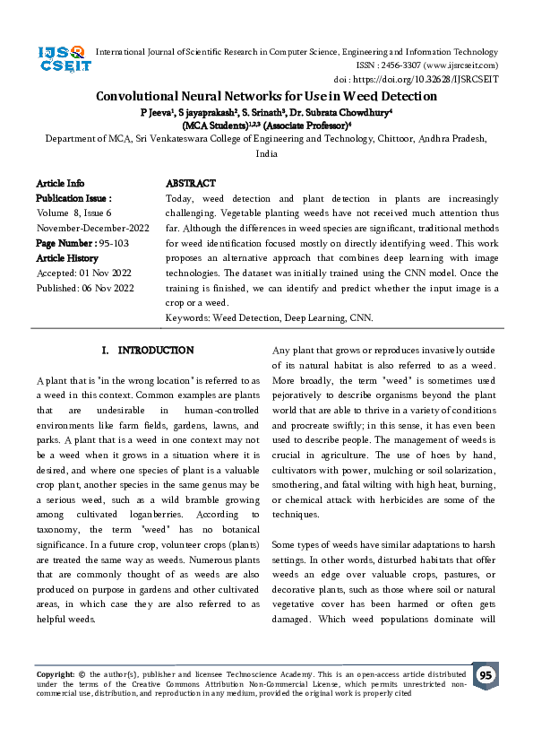 Pdf Convolutional Neural Networks For Use In Weed Detection International Journal Of
