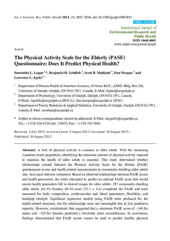 (PDF) The Physical Activity Scale for the Elderly (PASE) Questionnaire; Does It Predict Physical ...
