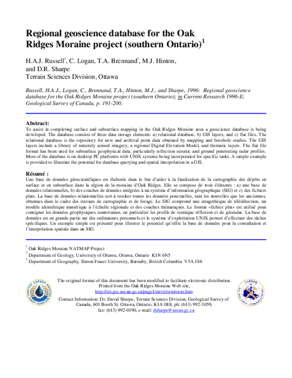 (PDF) Regional geoscience database for the Oak Ridges Moraine project ...