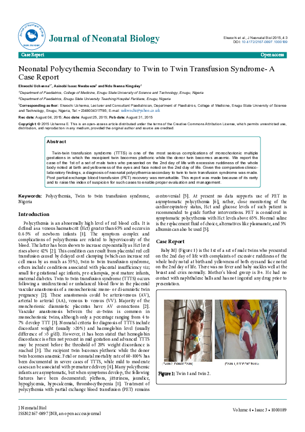 (PDF) Neonatal Polycythemia Secondary to Twin to Twin Transfusion ...