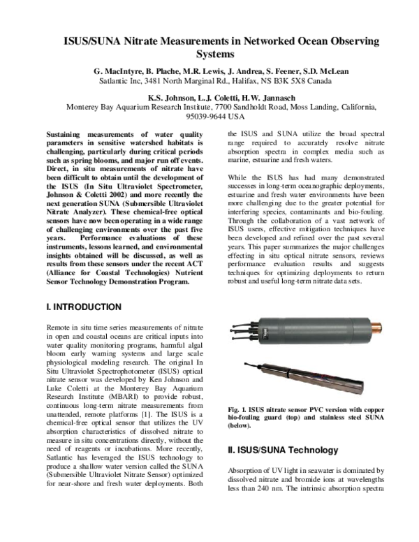 (PDF) ISUS/SUNA nitrate measurements in networked ocean observing systems