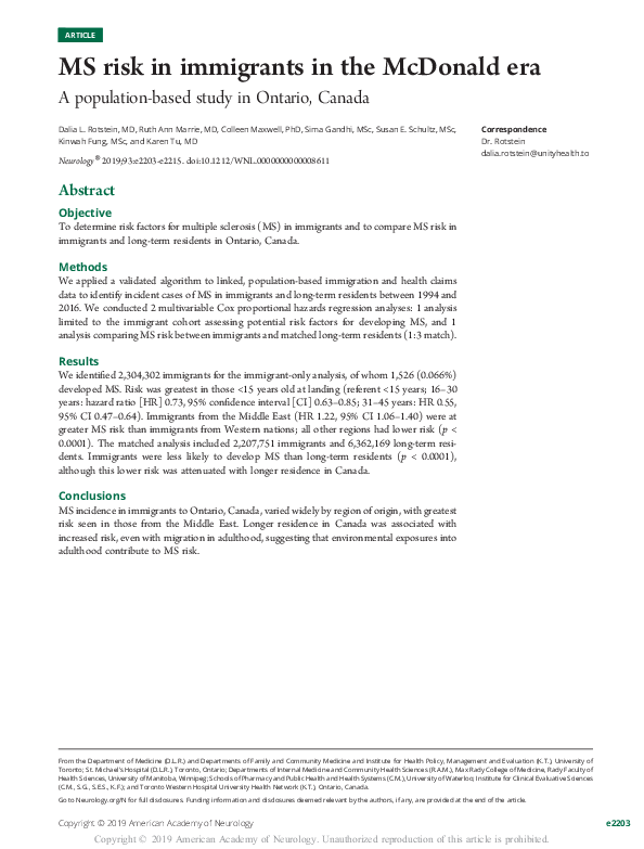 (PDF) MS risk in immigrants in the McDonald era | Colleen Maxwell ...
