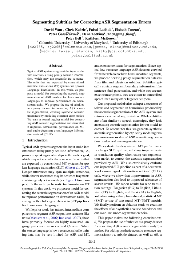 (PDF) Segmenting Subtitles for Correcting ASR Segmentation Errors