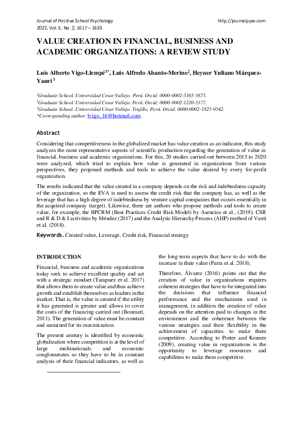 (PDF) VALUE CREATION IN FINANCIAL, BUSINESS AND ACADEMIC ORGANIZATIONS ...