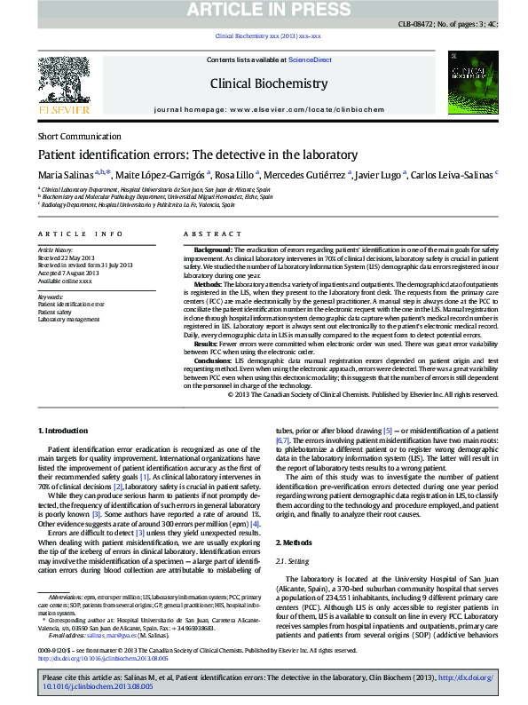 Pdf Patient Identification Errors The Detective In The Laboratory