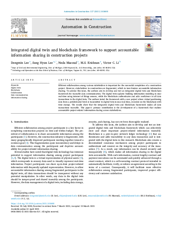 (PDF) Integrated digital twin and blockchain framework to support ...