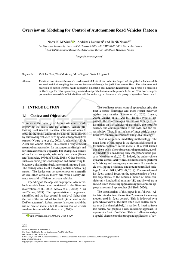 (PDF) Overview on Modeling for Control of Autonomous Road Vehicles Platoon