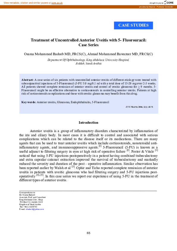 Pdf Treatment Of Uncontrolled Anterior Uveitis With 5 Fluorouracil Case Series Osama