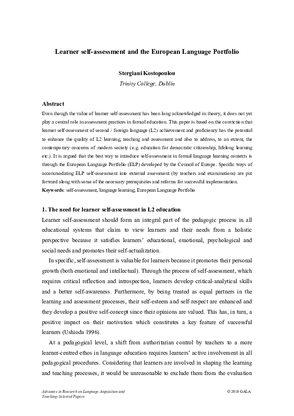 (PDF) Learner self-assessment and the European Language Portfolio