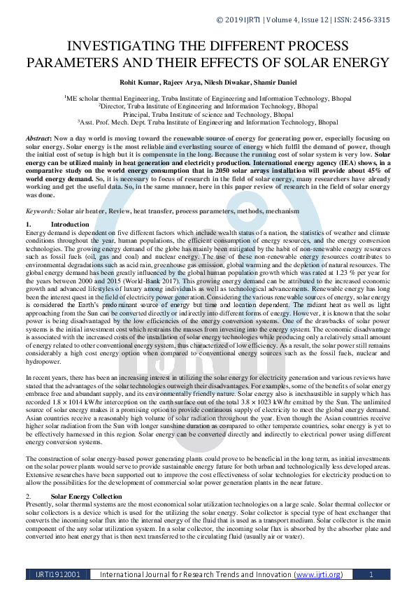 (PDF) Investigating the Different Process Parameters and Their Effects of Solar Energy