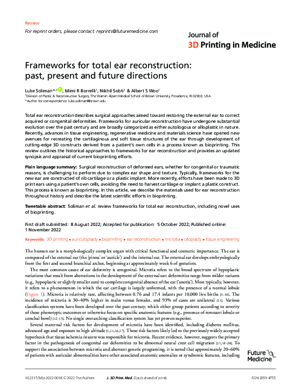 (PDF) Frameworks for total ear reconstruction: past, present and future ...