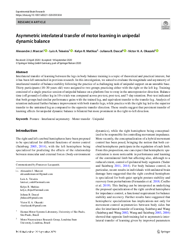 (PDF) Asymmetric interlateral transfer of motor learning in unipedal ...