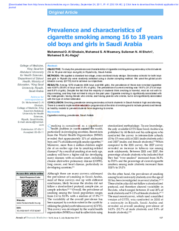 (PDF) Prevalence and characteristics of cigarette smoking among 16 to ...