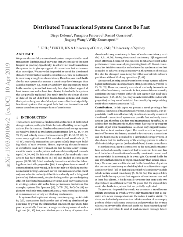 (PDF) Distributed Transactional Systems Cannot Be Fast