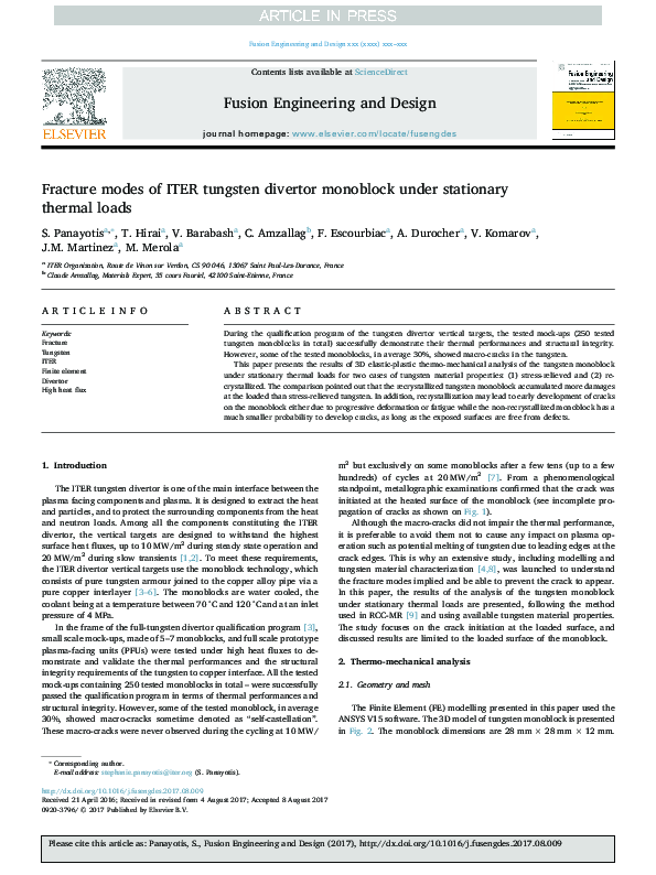 (PDF) Fracture modes of ITER tungsten divertor monoblock under ...