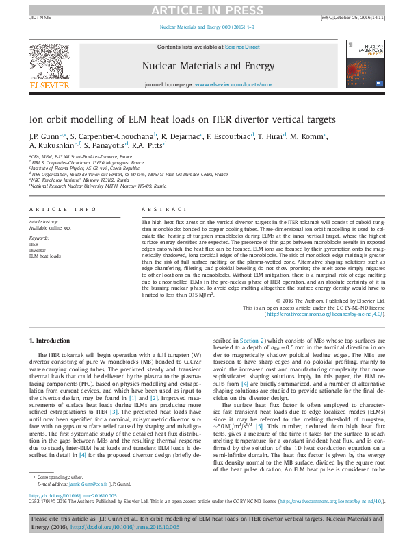(PDF) Ion orbit modelling of ELM heat loads on ITER divertor vertical ...