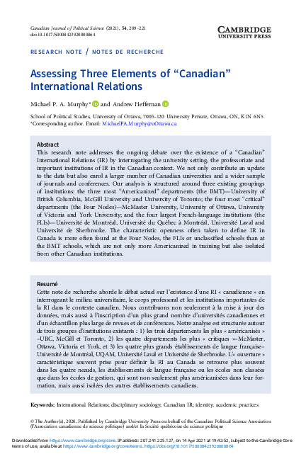 (PDF) Assessing Three Elements of “Canadian” International Relations
