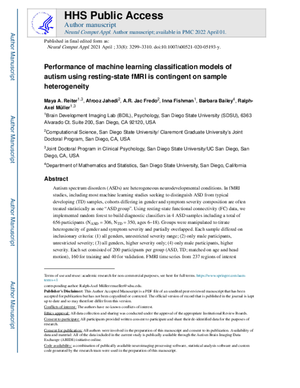 Pdf Performance Of Machine Learning Classification Models Of Autism Using Resting State Fmri