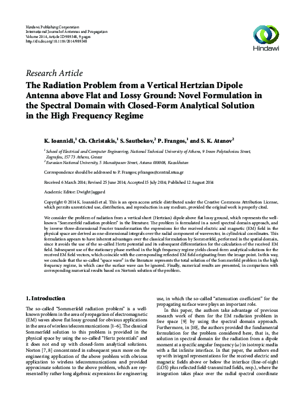 (PDF) The Radiation Problem from a Vertical Hertzian Dipole Antenna above Flat and Lossy Ground ...