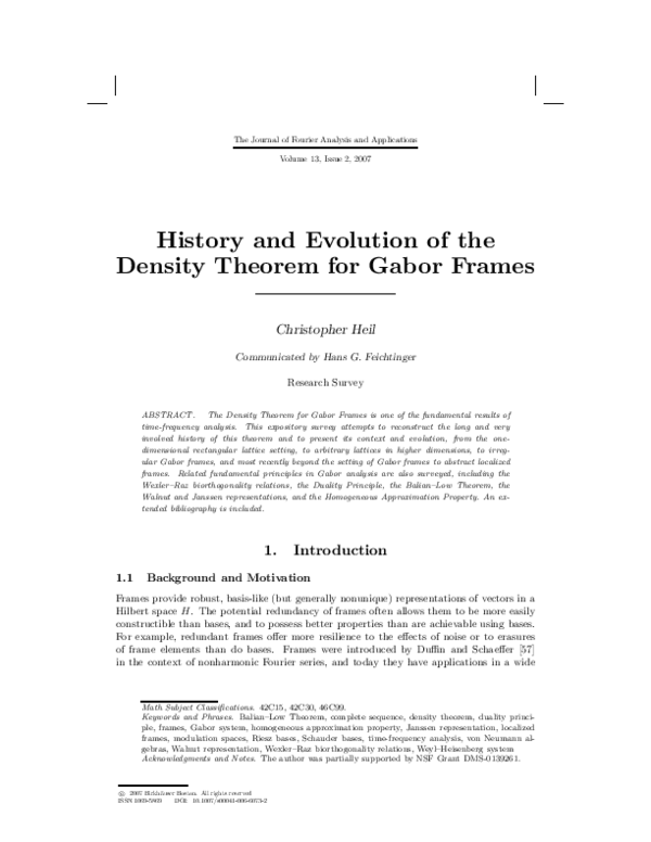 (PDF) History and Evolution of the Density Theorem for Gabor Frames