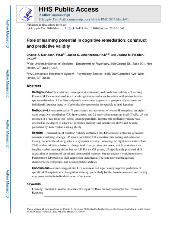 (PDF) Role of learning potential in cognitive remediation: Construct ...