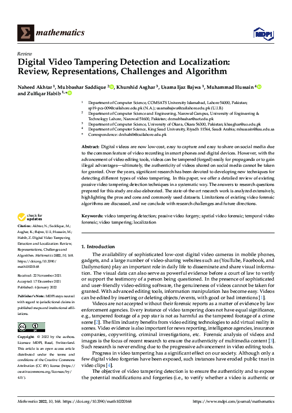 Pdf Digital Video Tampering Detection And Localization Review Representations Challenges