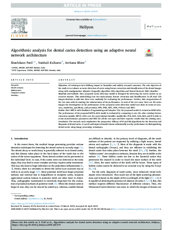 Pdf Algorithmic Analysis For Dental Caries Detection Using An Adaptive Neural Network Architecture