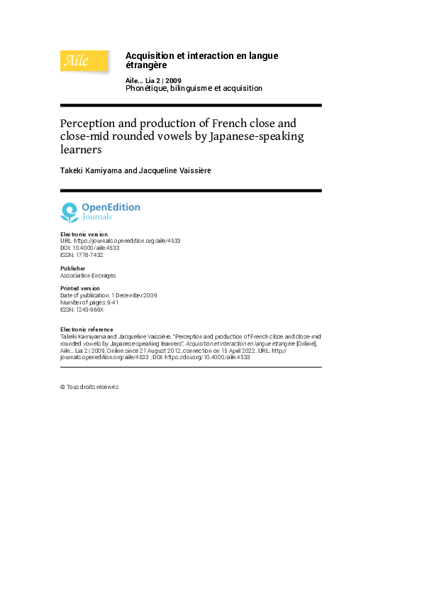 (PDF) Perception and production of French close and close-mid rounded ...
