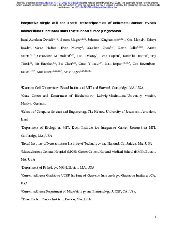(PDF) Integrative single cell and spatial transcriptomics of colorectal cancer reveals ...