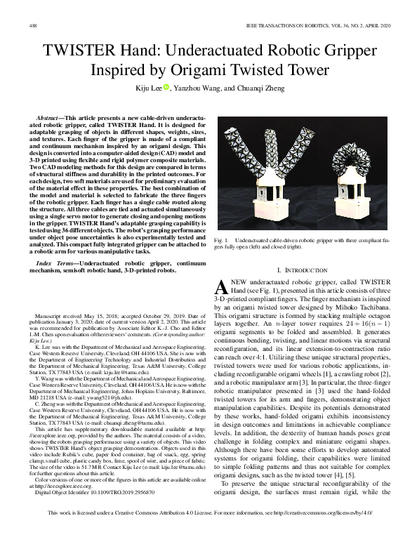 (PDF) TWISTER Hand: Underactuated Robotic Gripper Inspired by Origami ...