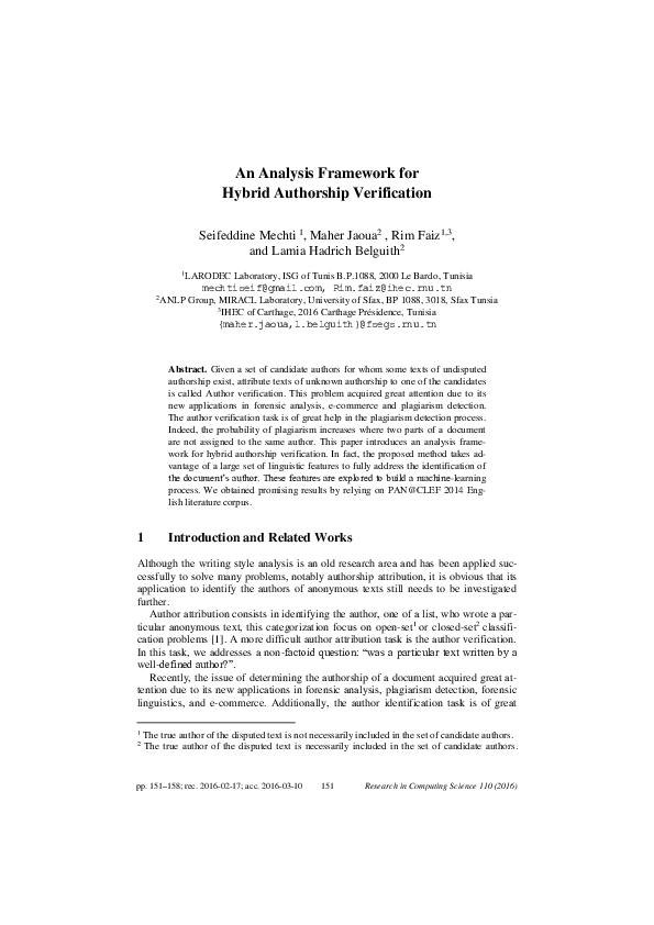 Pdf An Analysis Framework For Hybrid Authorship Verification