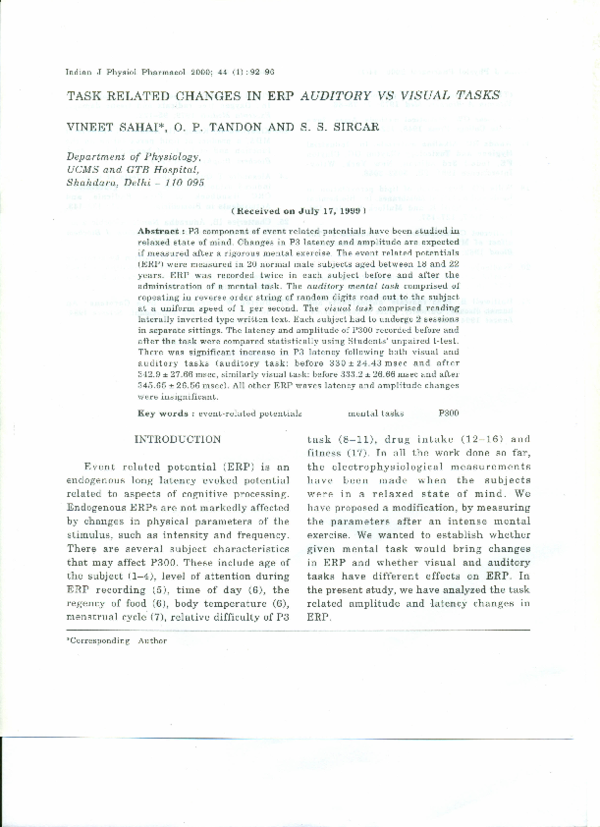 (PDF) Task related changes in ERP auditory vs visual tasks
