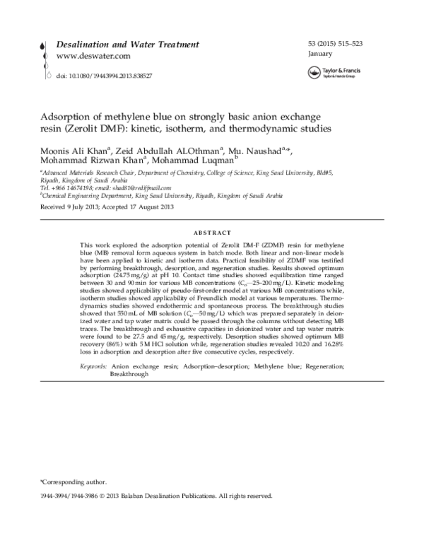 (PDF) Adsorption of methylene blue on strongly basic anion exchange ...