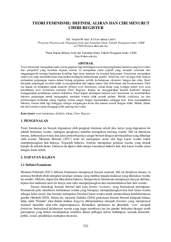 (PDF) Teori Feminisme: Definisi, Aliran dan Ciri Menurut Cheri Register