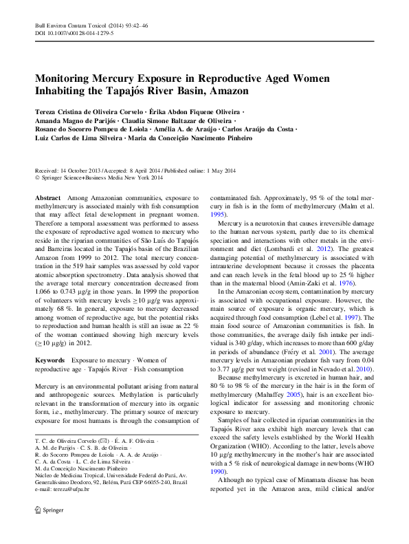 (PDF) Monitoring Mercury Exposure in Reproductive Aged Women Inhabiting ...