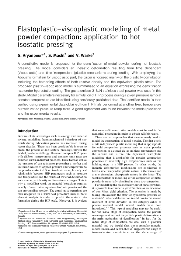 (PDF) Elastoplastic–viscoplastic modelling of metal powder compaction ...